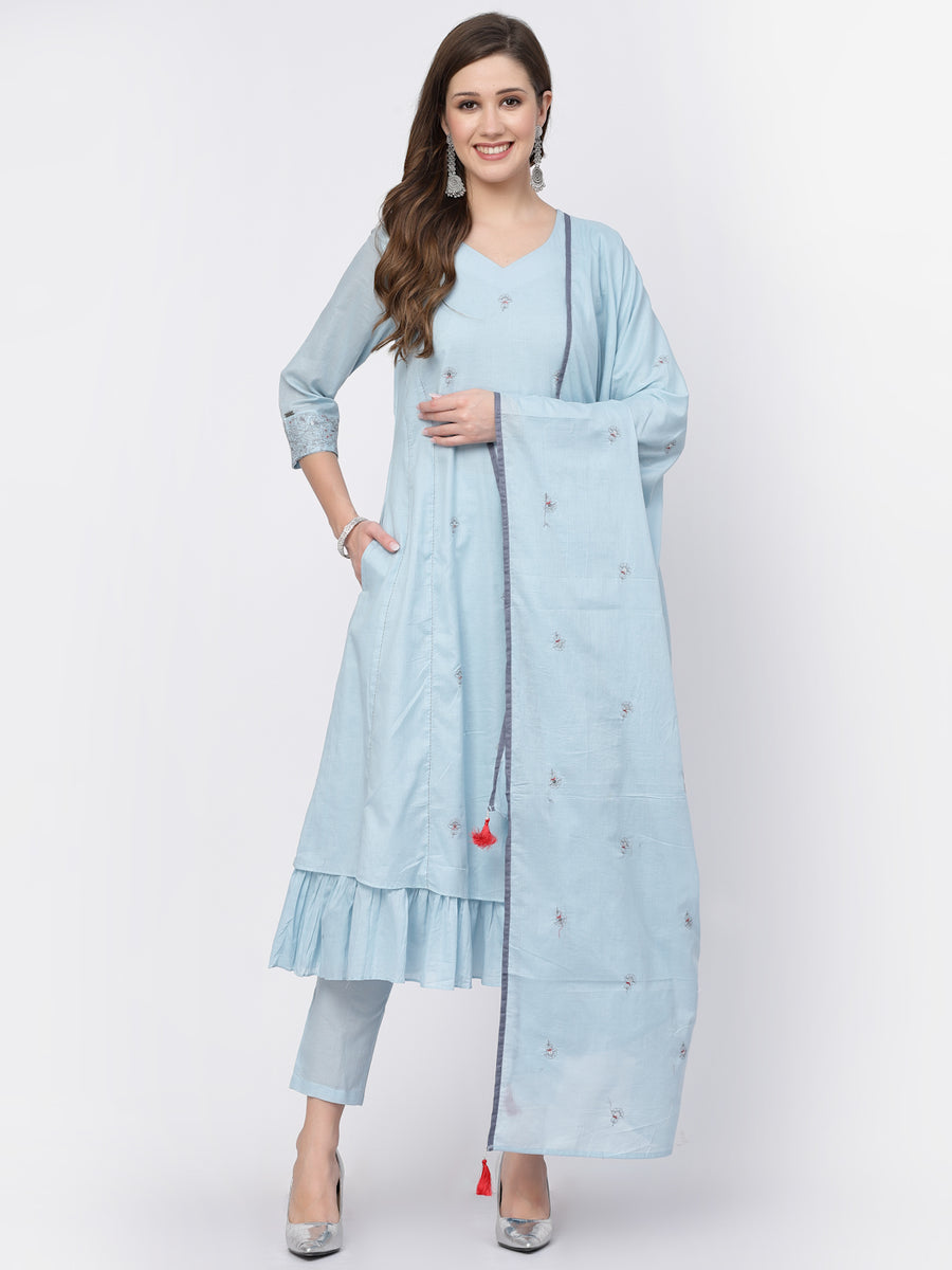 Pale Aqua Mal Cotton Thread Work Kurta Pant With Dupatta – ARHAA