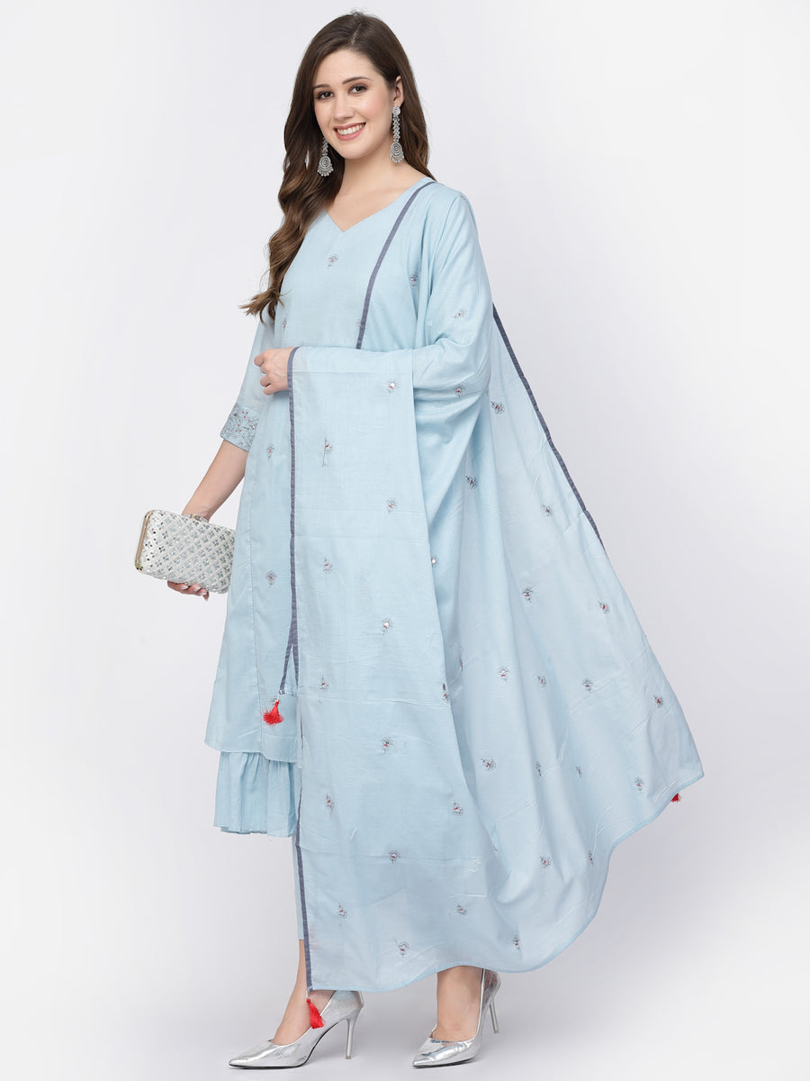 Pale Aqua Mal Cotton Thread Work Kurta Pant With Dupatta – ARHAA