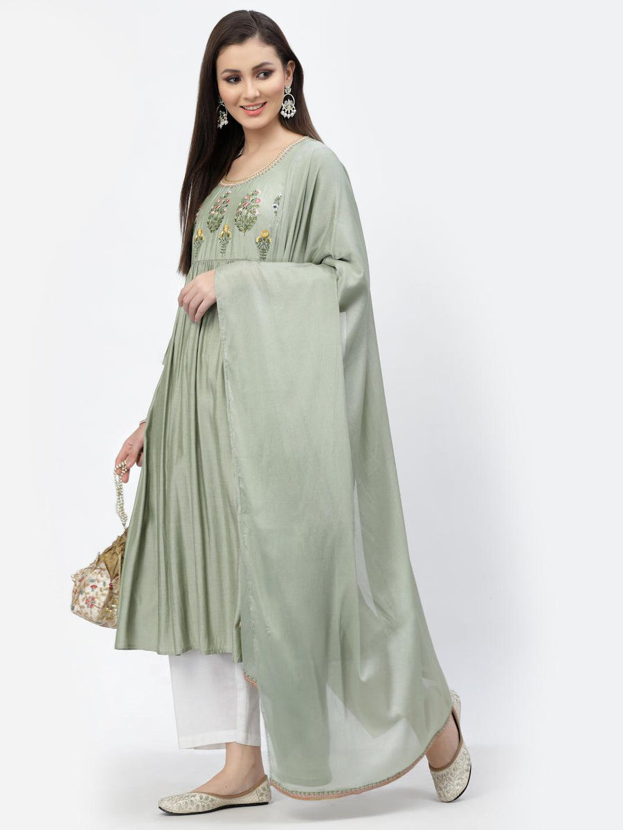 Pista Embroidered Gathered Kurta With Trouser & Dupatta Set – ARHAA