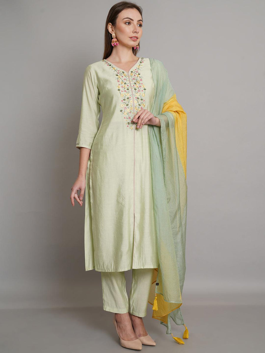 Tea Green Straight Kurta With Trouser & Dupatta Set – ARHAA