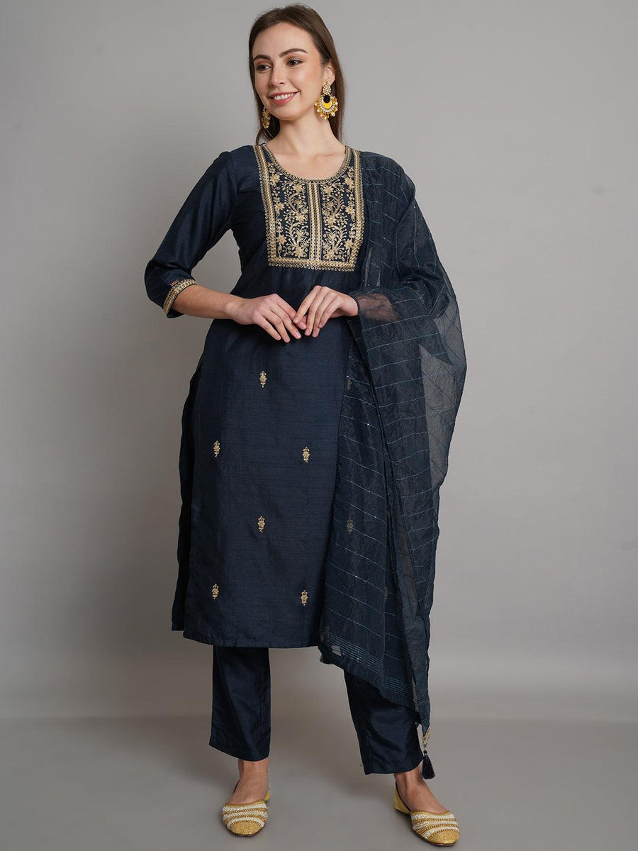 Yale Blue Embellished Straight Kurta Set – ARHAA