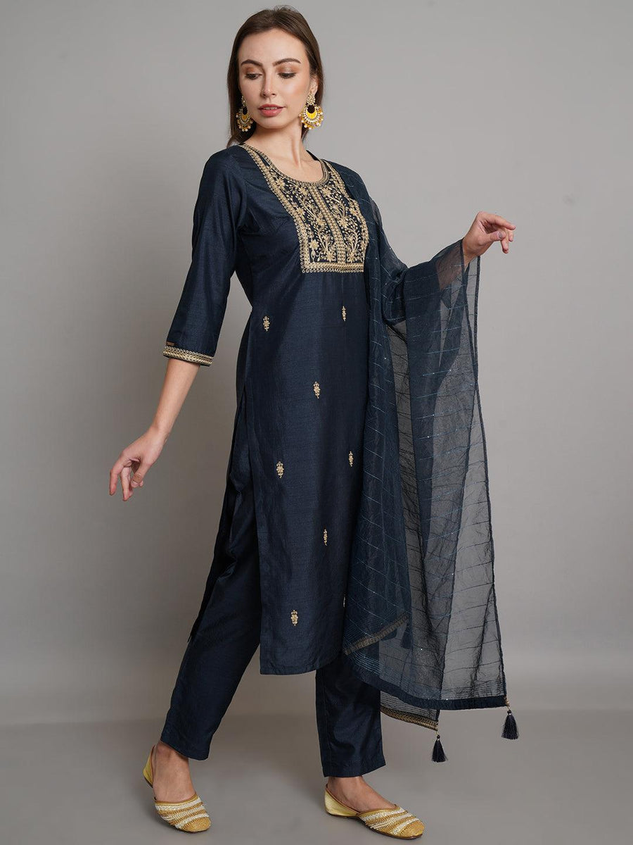 Yale Blue Embellished Straight Kurta Set – ARHAA